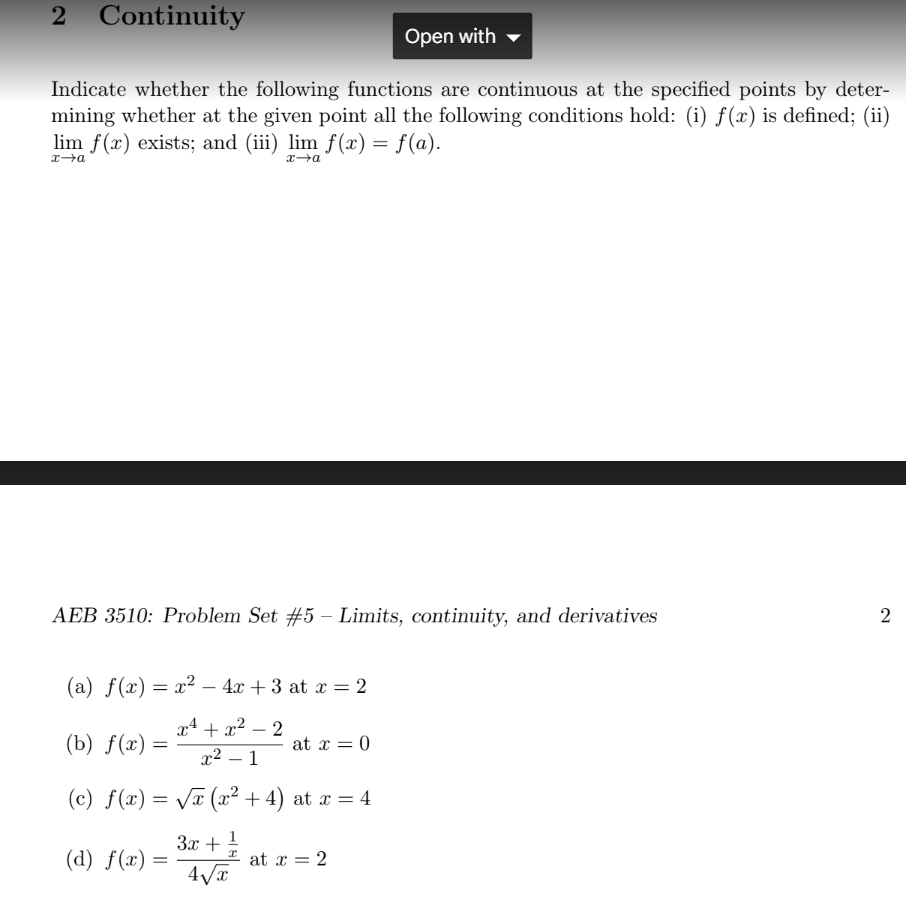 Solved 2 ﻿ContinuityIndicate whether the following functions | Chegg.com