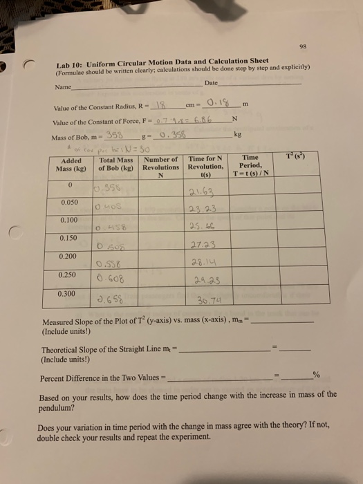 Lab 10: Uniform Circular Motion Data and Calculation | Chegg.com