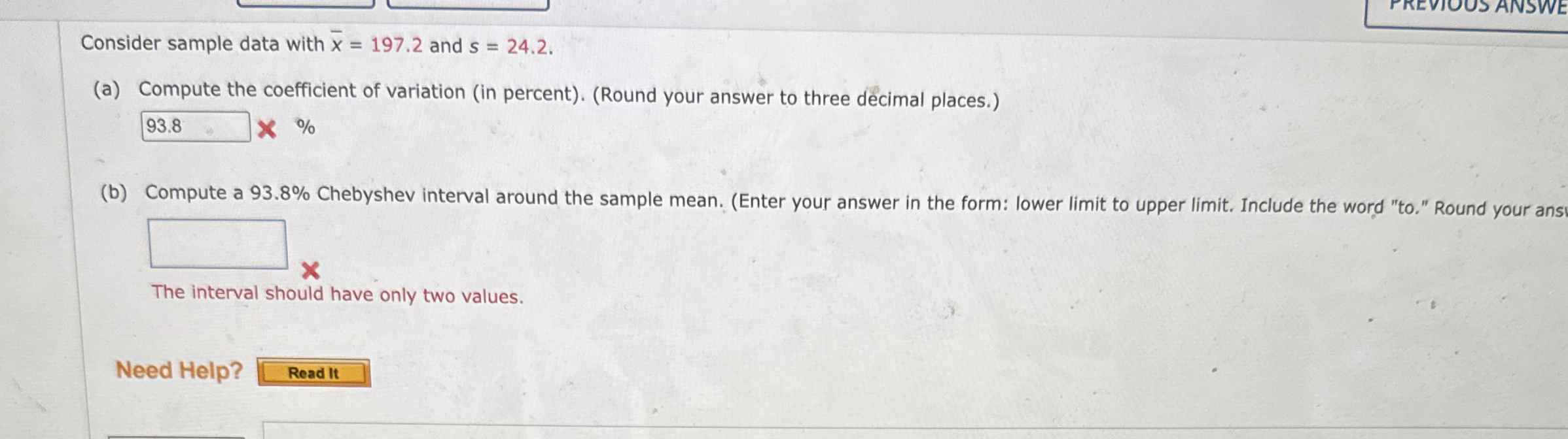 Solved Consider sample data with x‾=197.2 ﻿and s=24.2.(a) | Chegg.com