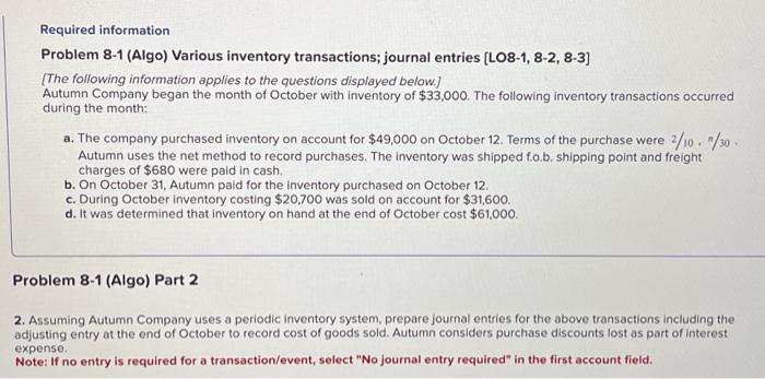 Solved Problem 8-1 (Algo) Various inventory transactions; | Chegg.com