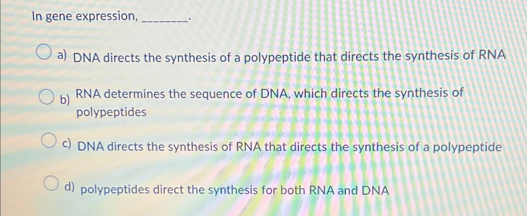 Solved In gene expression,a) ﻿DNA directs the synthesis of a | Chegg.com