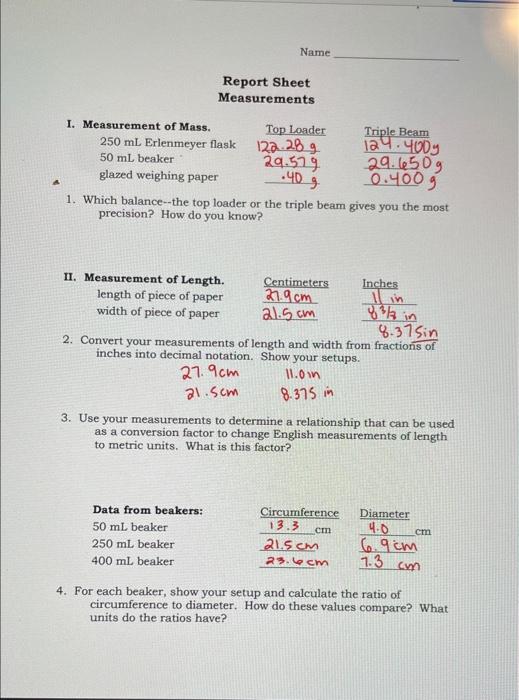 Solved I. Measurement of Mass. Name Report Sheet | Chegg.com