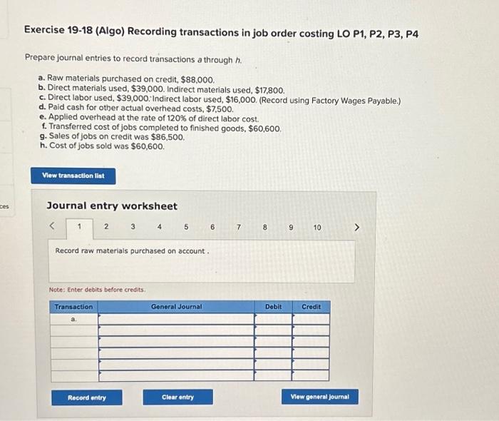 Solved Exercise 19-18 (Algo) Recording transactions in job | Chegg.com