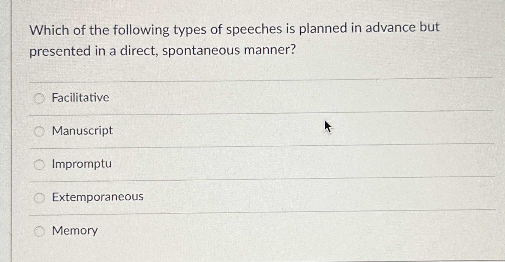 Solved Which of the following types of speeches is planned | Chegg.com