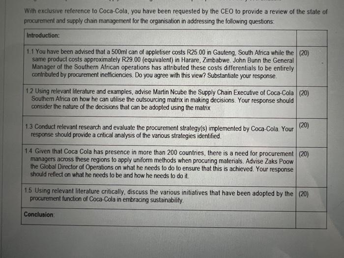 Solved With exclusive reference to Coca-Cola, you have been | Chegg.com