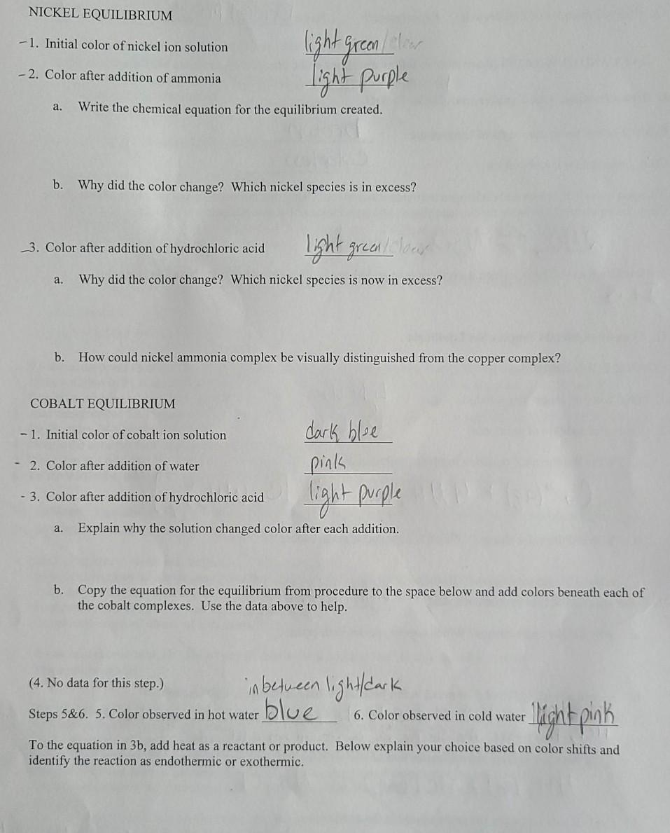 Solved NICKEL EQUILIBRIUM - 1. Initial color of nickel ion | Chegg.com
