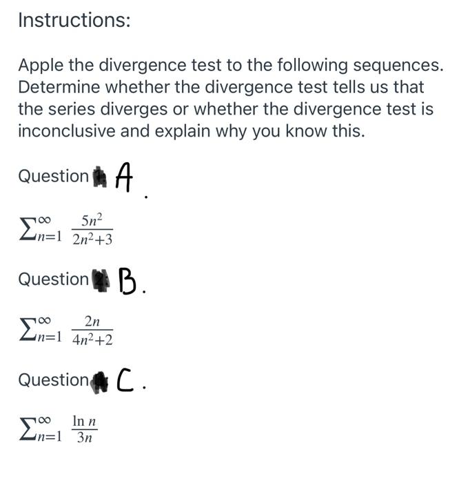 Solved Apply the divergence test to the following sequences. | Chegg.com