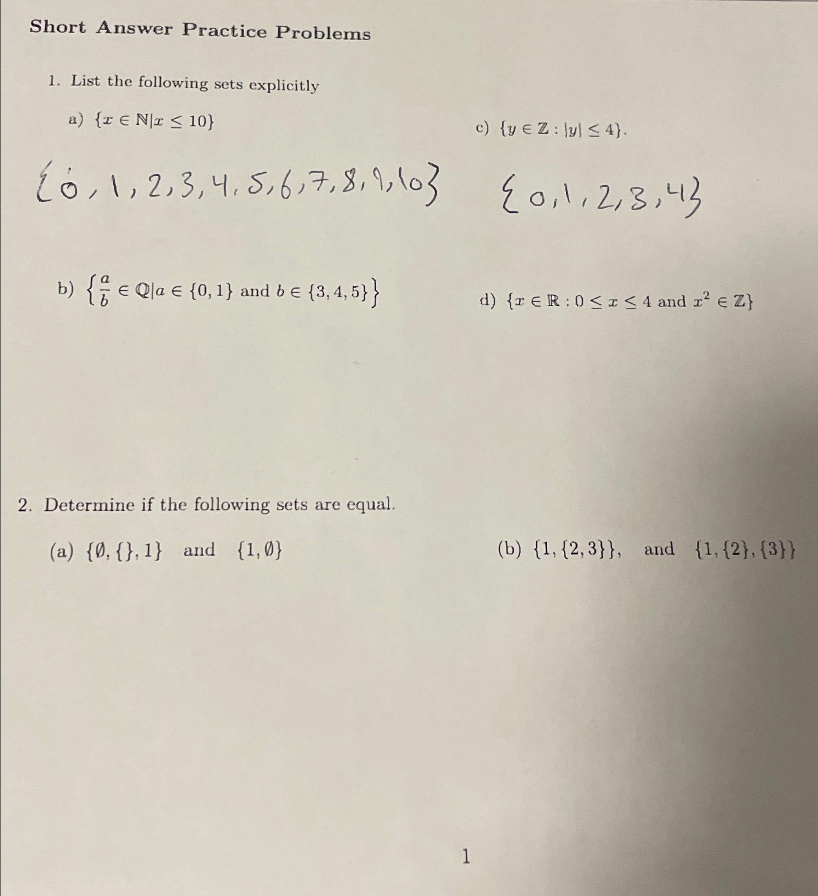 Solved Short Answer Practice ProblemsList the following sets | Chegg.com