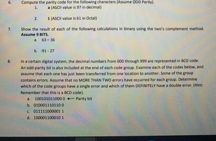 Solved Compute the parity code for the following characters | Chegg.com