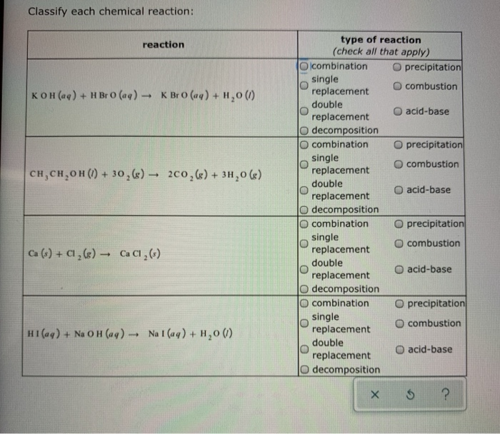 Solved Classify each chemical reaction: reaction Olo KOH(aq) | Chegg.com