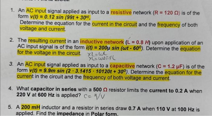 Solved 1. An AC input signal applied as input to a resistive | Chegg.com