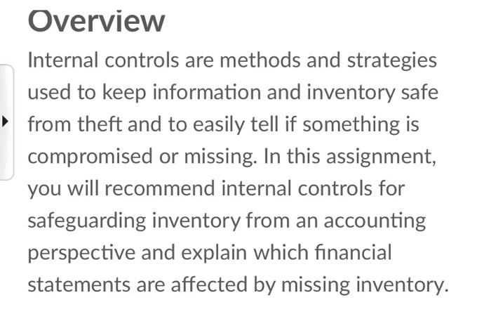 Solved Overview Internal controls are methods and strategies | Chegg.com