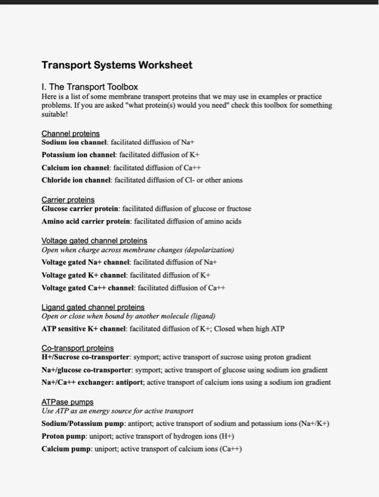Solved Transport Systems Worksheet 1. The Transport Toolbox | Chegg.com