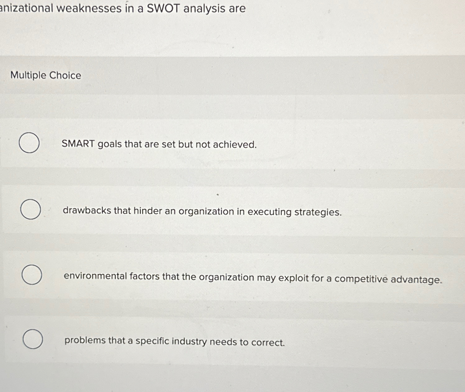 Solved anizational weaknesses in a SWOT analysis areMultiple | Chegg.com