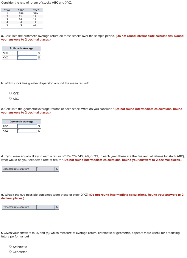 Solved Consider the rate of return of stocks ABC and xYZ. | Chegg.com