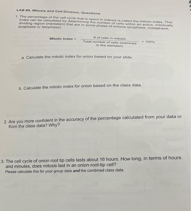 LAB #9, Mitosis and Cell Division, Questions 1. The | Chegg.com