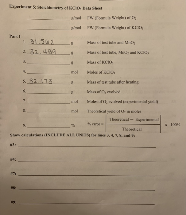 Solved Experiment 5: Stoichiometry of KCIO, Data Sheet g/mol | Chegg.com