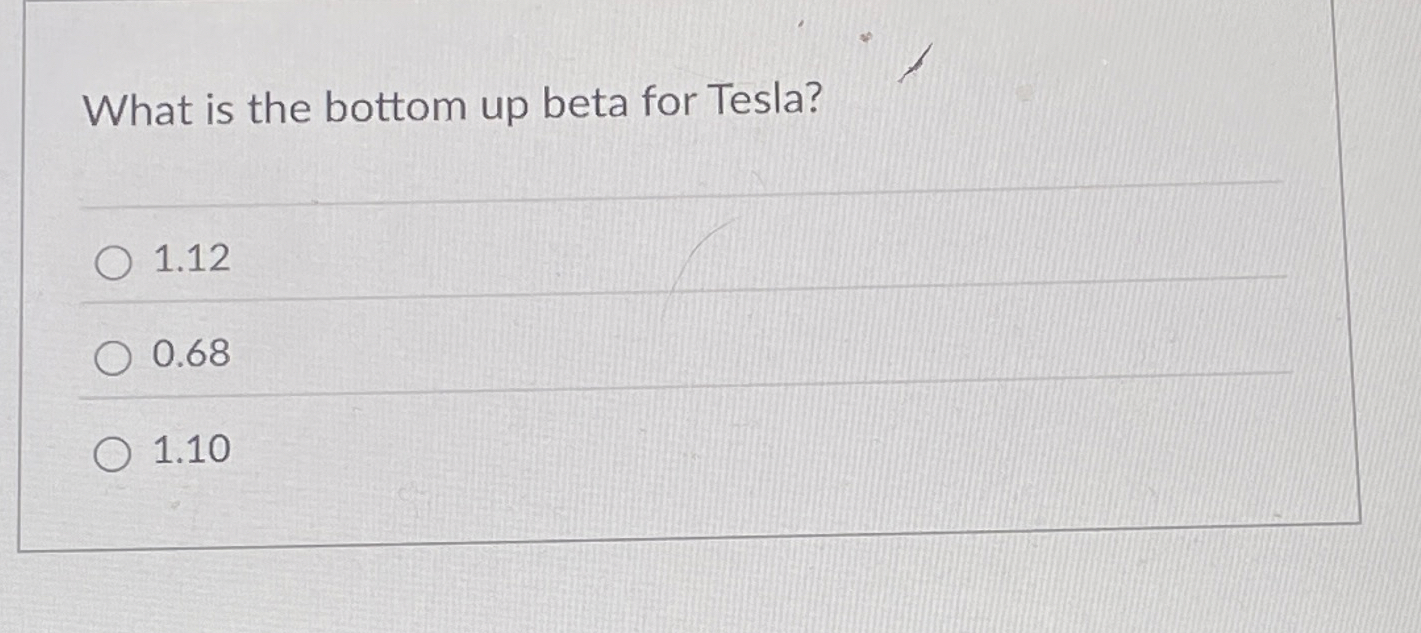 Solved What is the bottom up beta for Tesla?1.120.681.10 | Chegg.com
