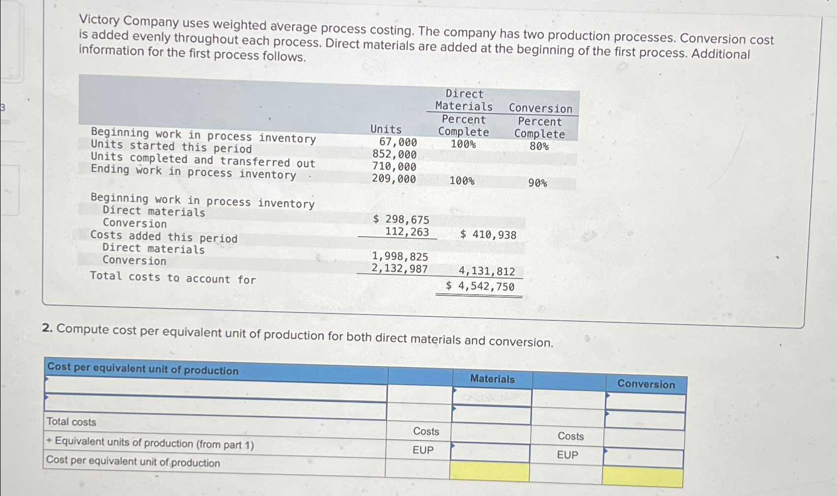 Solved Victory Company uses weighted average process | Chegg.com
