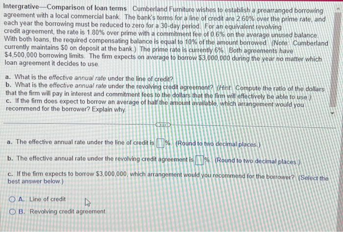 Solved Intergrative - Comparison of loan terms Cumberland | Chegg.com