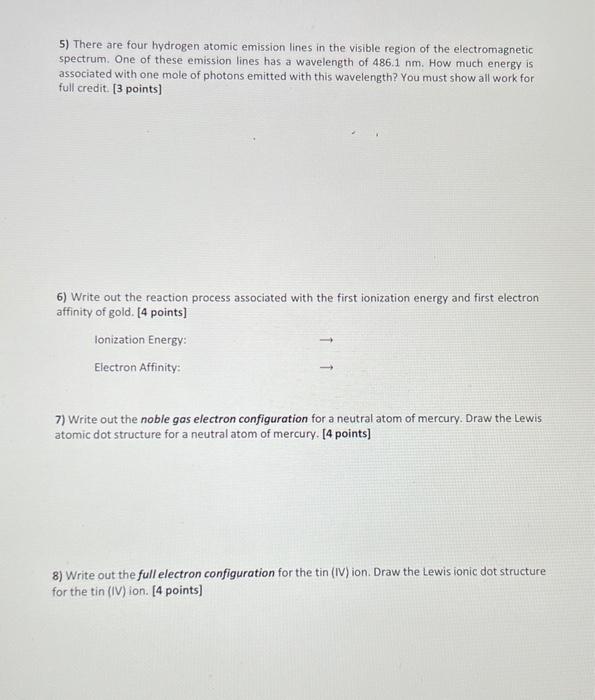 Solved 5) There are four hydrogen atomic emission lines in | Chegg.com