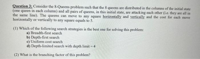 Solved Question 3: Consider the 8-Queens problem such that | Chegg.com Solved Question 3: Consider the 8-Queens problem such that | Chegg.com