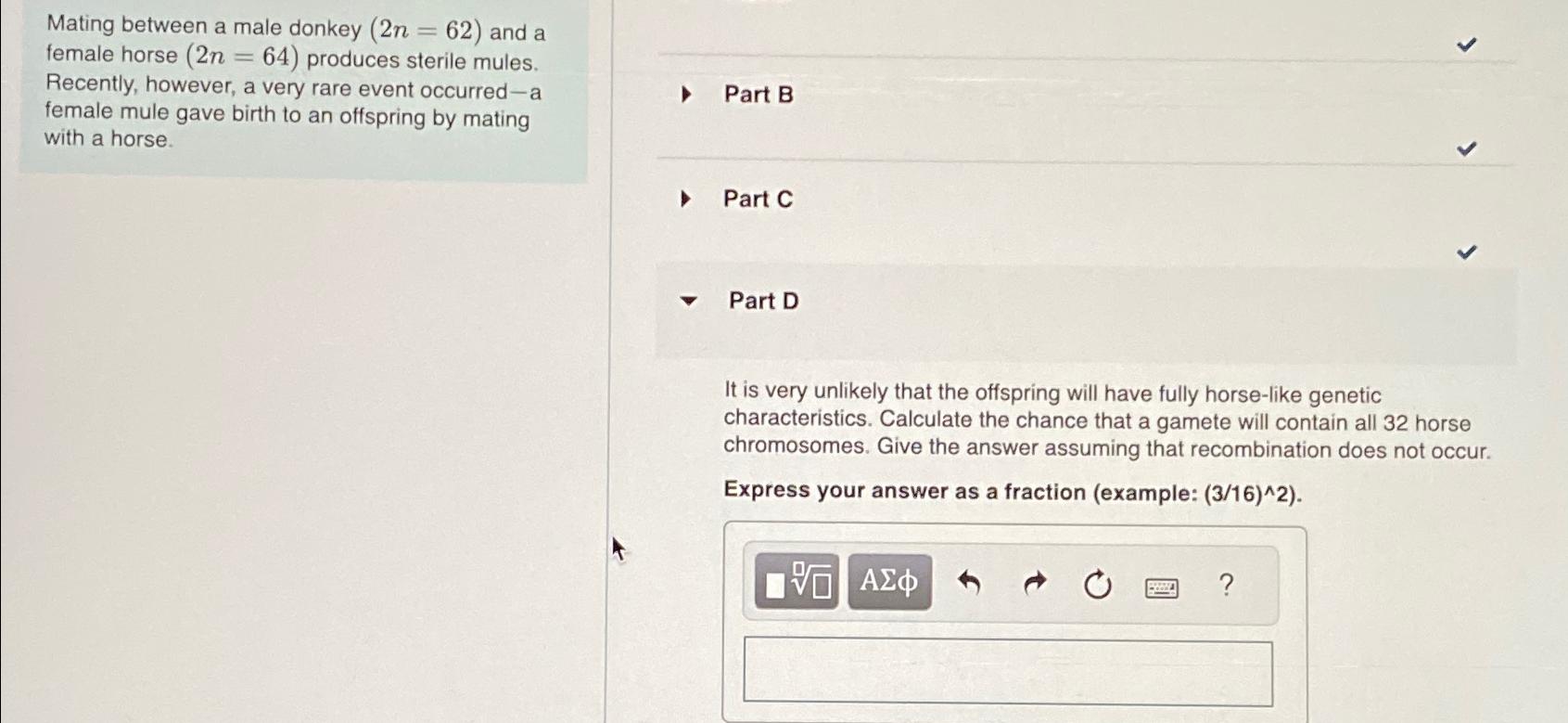 Solved Mating between a male donkey )=(62 ﻿and a female | Chegg.com