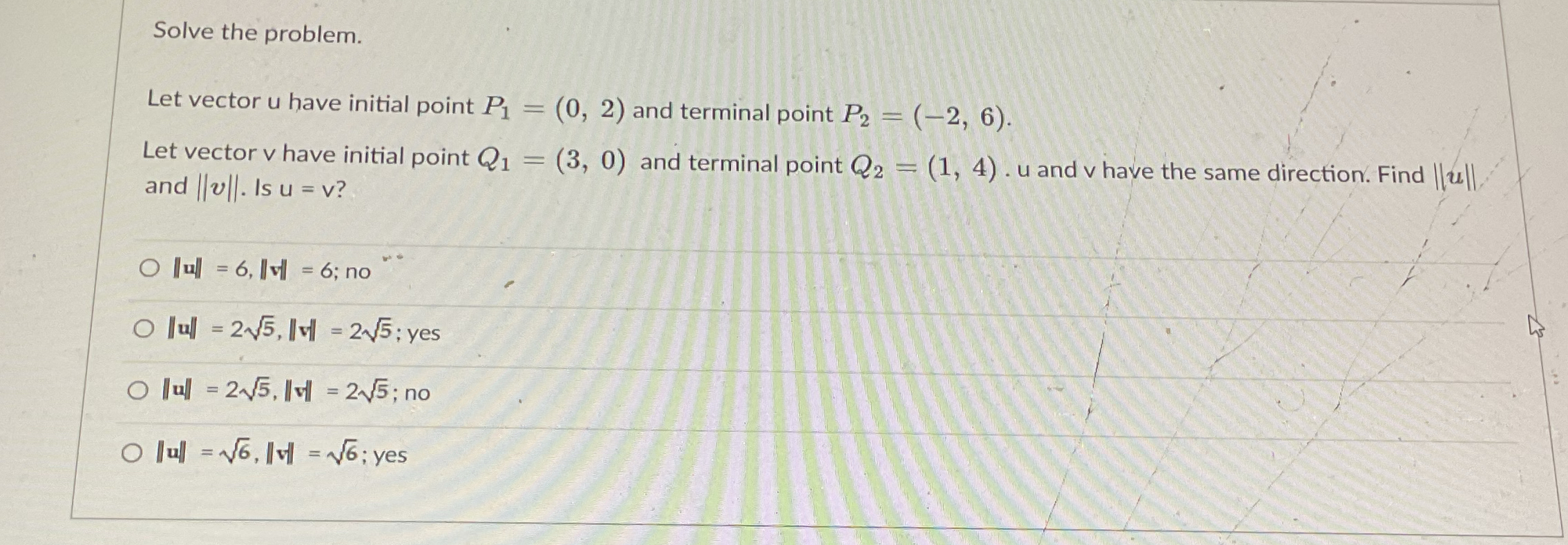 Solved Solve the problem.Let vector u ﻿have initial point | Chegg.com