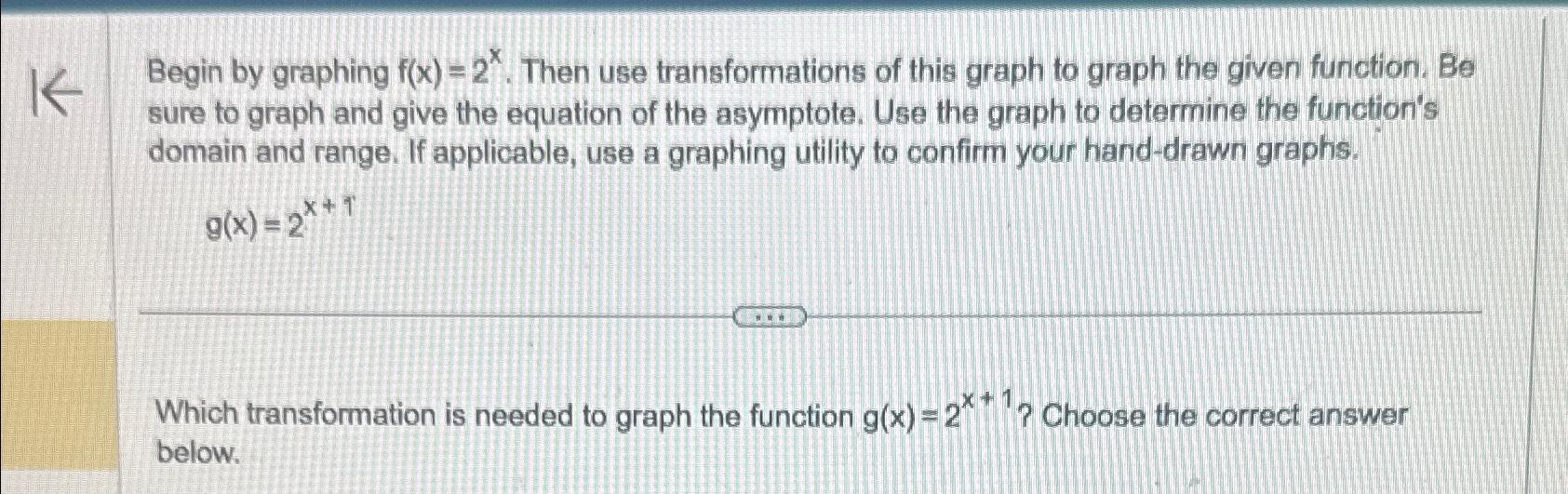 Solved Begin by graphing f(x)=2x. ﻿Then use transformations | Chegg.com
