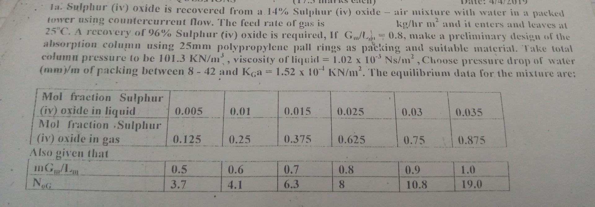 Solved 1a. Sulphur (iv) oxide is recovered from a 14% | Chegg.com