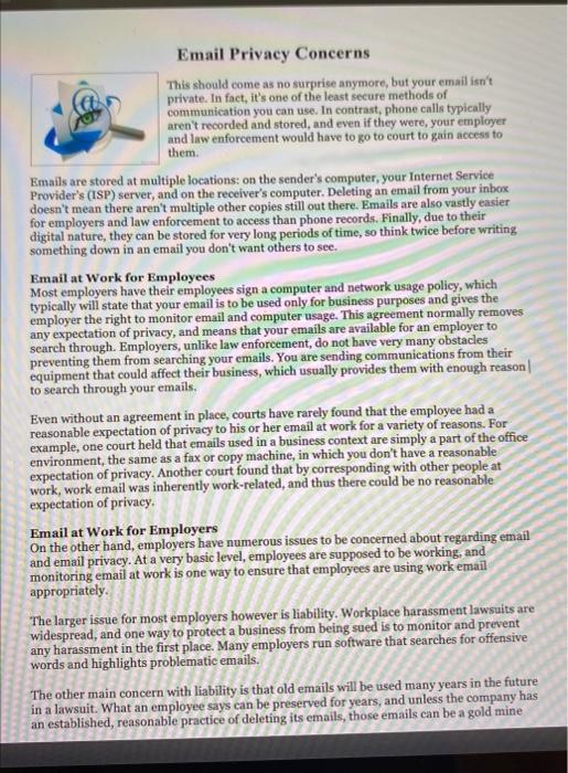 Email Privacy Concerns This should come as no | Chegg.com