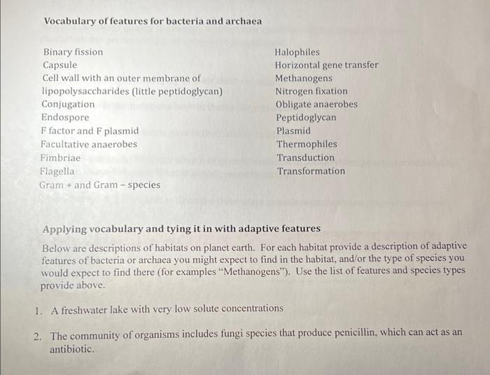 Solved Vocabulary of features for bacteria and archaea | Chegg.com