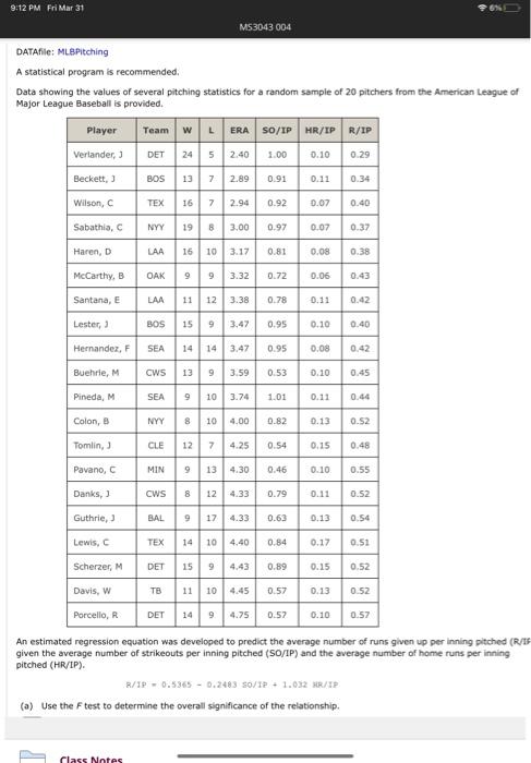 Solved DATAfIle: MLBPitching A statistical program is | Chegg.com