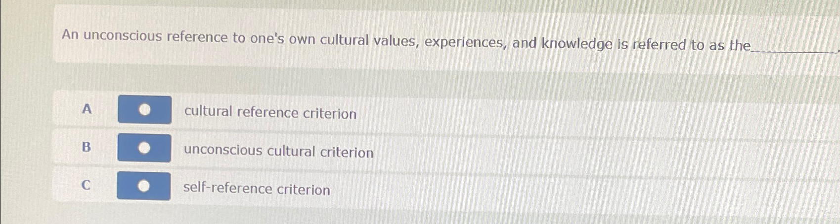 Solved An unconscious reference to one's own cultural | Chegg.com
