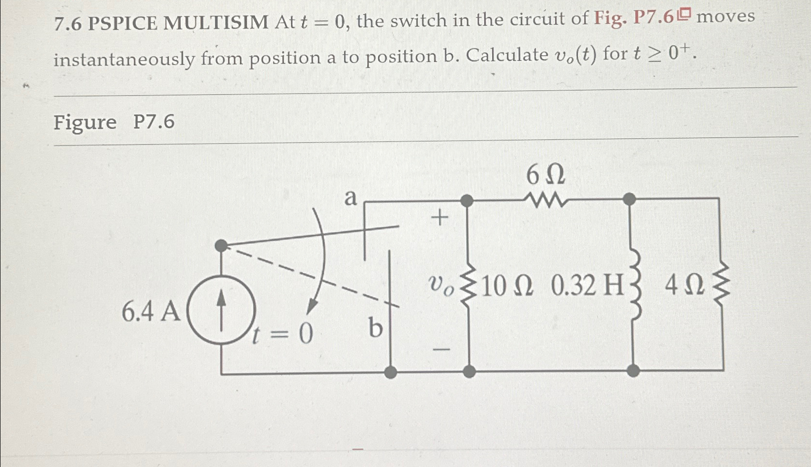 Solved 7.6 ﻿PSPICE MULTISIM At t=0, ﻿the switch in the | Chegg.com