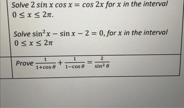 Solved Solve 2sinxcosx=cos2x for x in the interval 0≤x≤2π. | Chegg.com