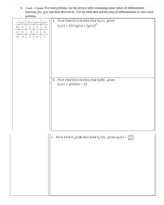 Solved 8. (4 exch-12 poith) For each problem, use the given | Chegg.com