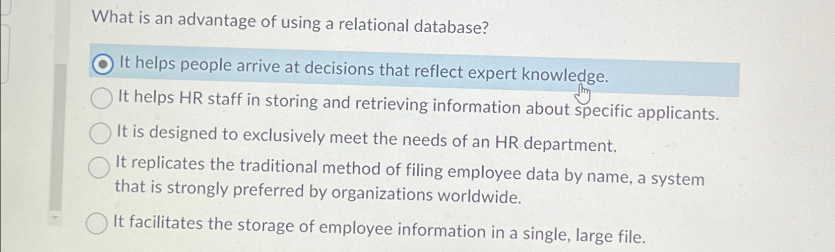 Solved What is an advantage of using a relational | Chegg.com