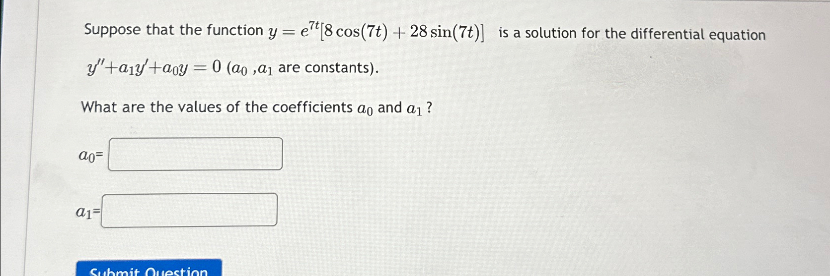 Solved Suppose that the function y=e7t[8cos(7t)+28sin(7t)] | Chegg.com