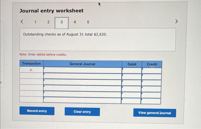 Solved Journal entry worksheet 5 August 31 cash receipts of | Chegg.com