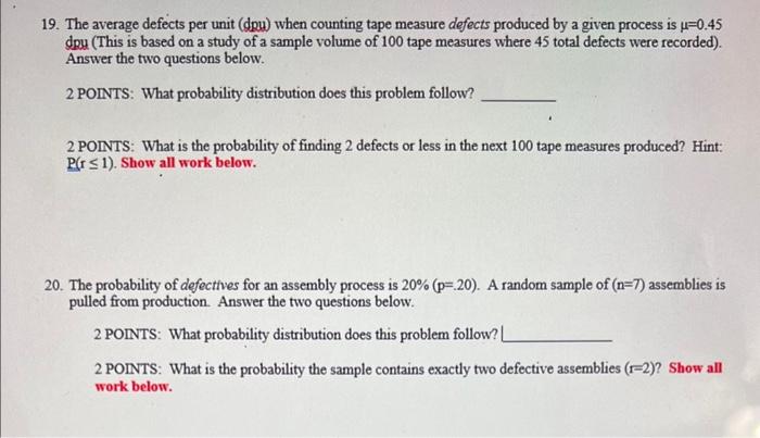 Solved 19. The average defects per unit (dpu) when counting | Chegg.com