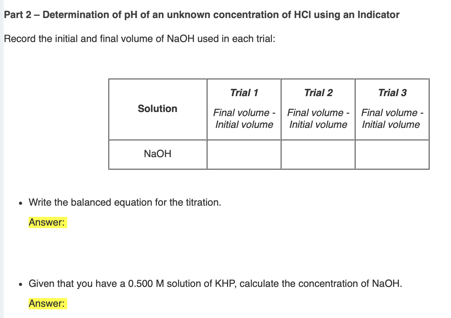 Experimental Procedure Part 2: 1. ﻿Retrieve a buret, | Chegg.com