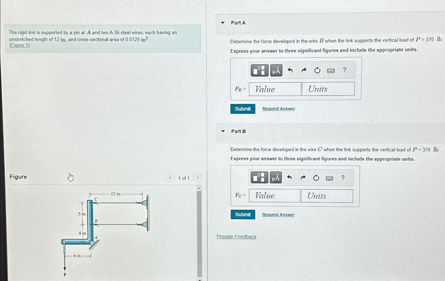Solved Part AThe rigid link is supported by a pin at A and | Chegg.com