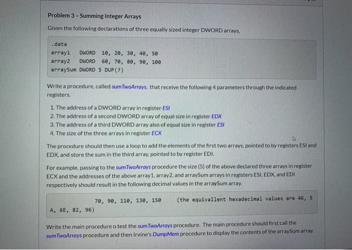 Solved Problem 3 - Summing Integer Arrays Given the | Chegg.com