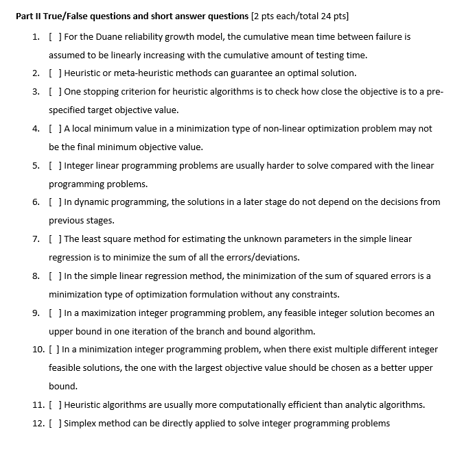 Solved Part II True/False questions and short answer | Chegg.com