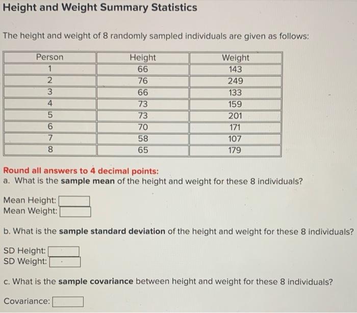 Solved Height and Weight Summary Statistics The height and | Chegg.com