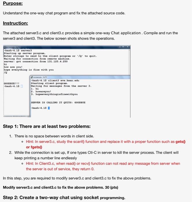 Purpose: Understand the one-way chat program and fix | Chegg.com