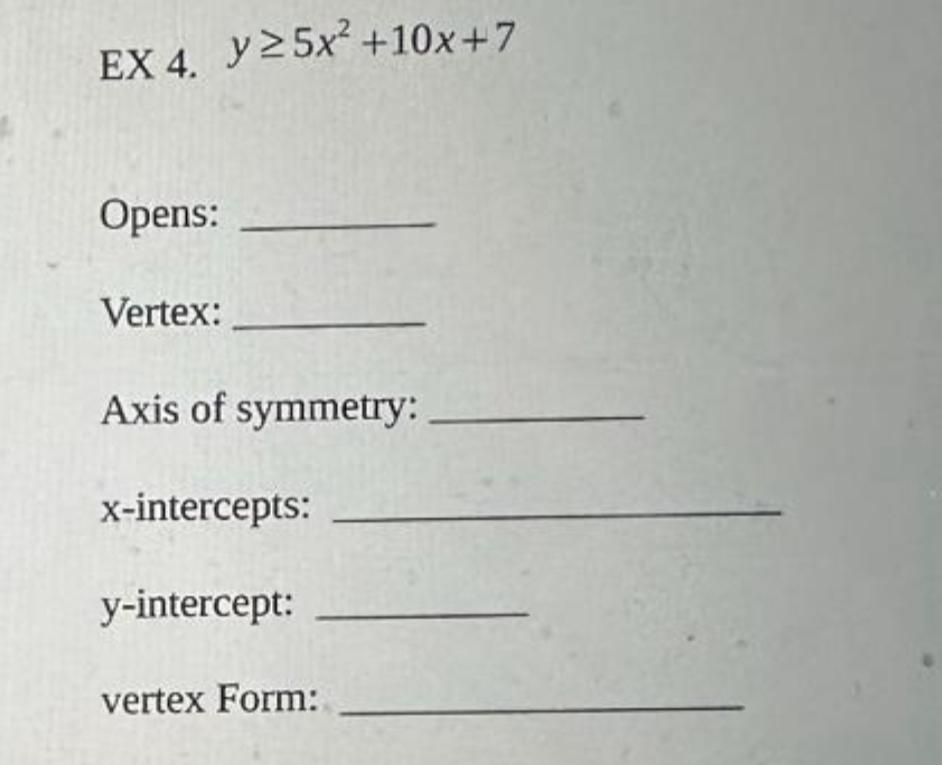 EX 4. y≥5x2+10x+7Opens:Vertex:Axis of | Chegg.com
