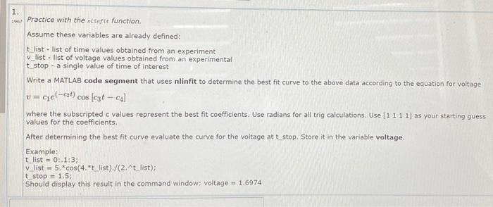 Solved 1. 1957 Practice with the linfit function Assume | Chegg.com