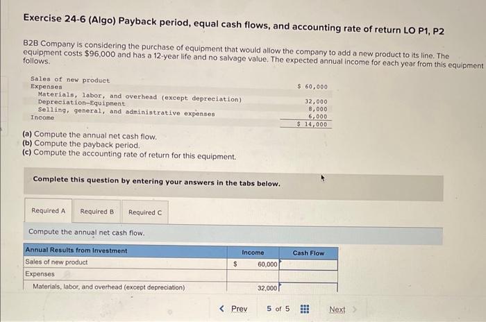 Solved Exercise 24-6 (Algo) Payback period, equal cash | Chegg.com